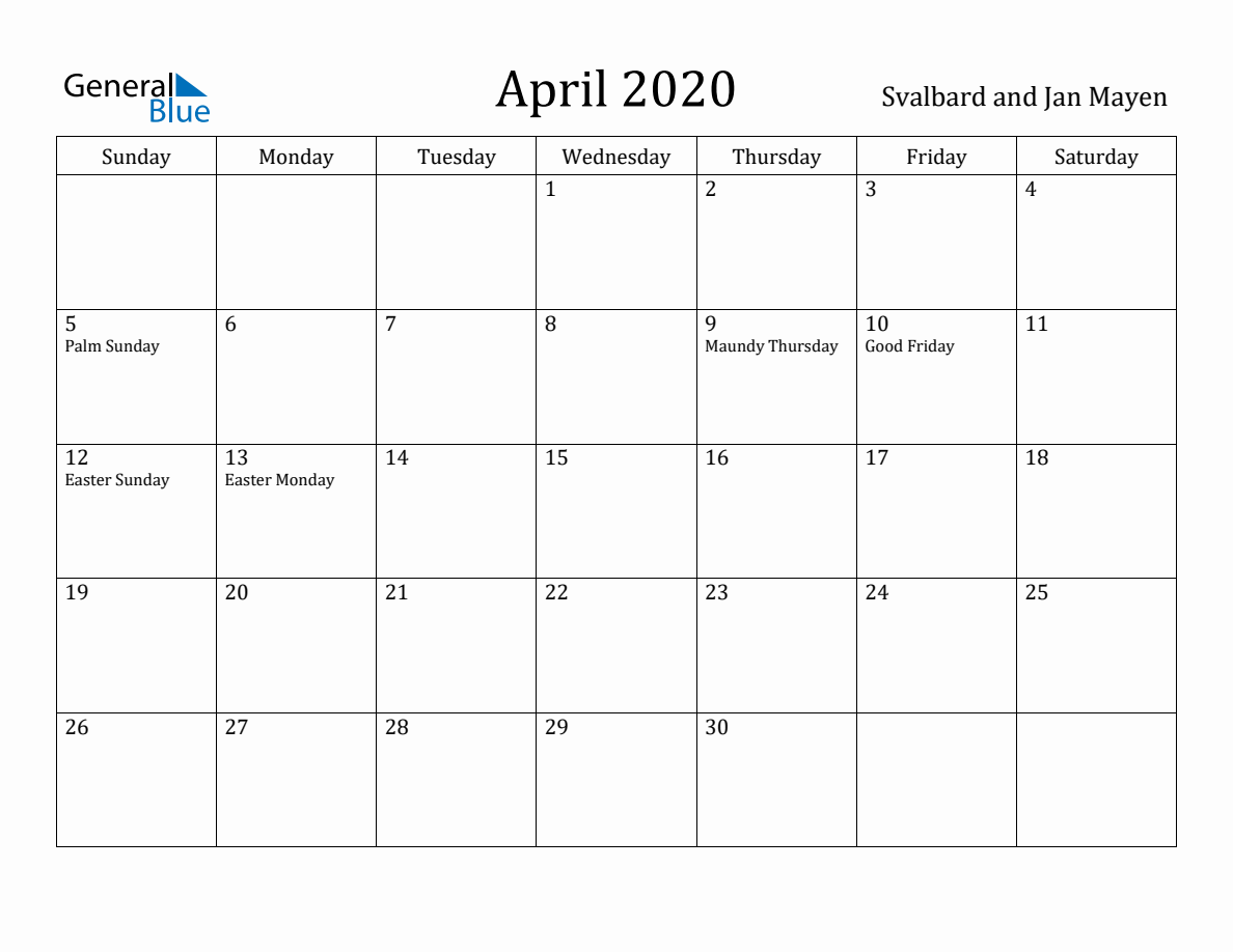 April 2020 Monthly Calendar with Svalbard and Jan Mayen Holidays