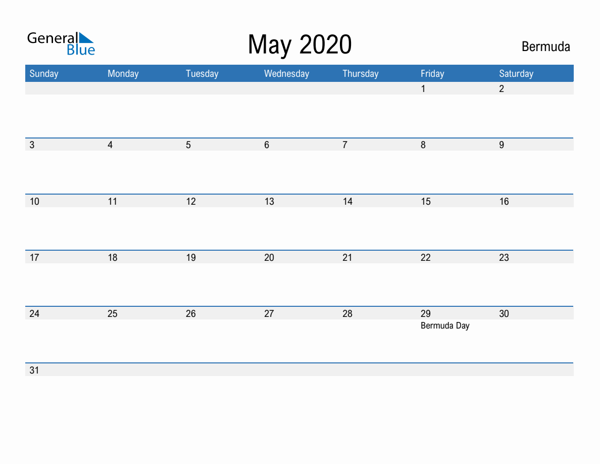 May 2020 Monthly Calendars with Bermuda Holidays
