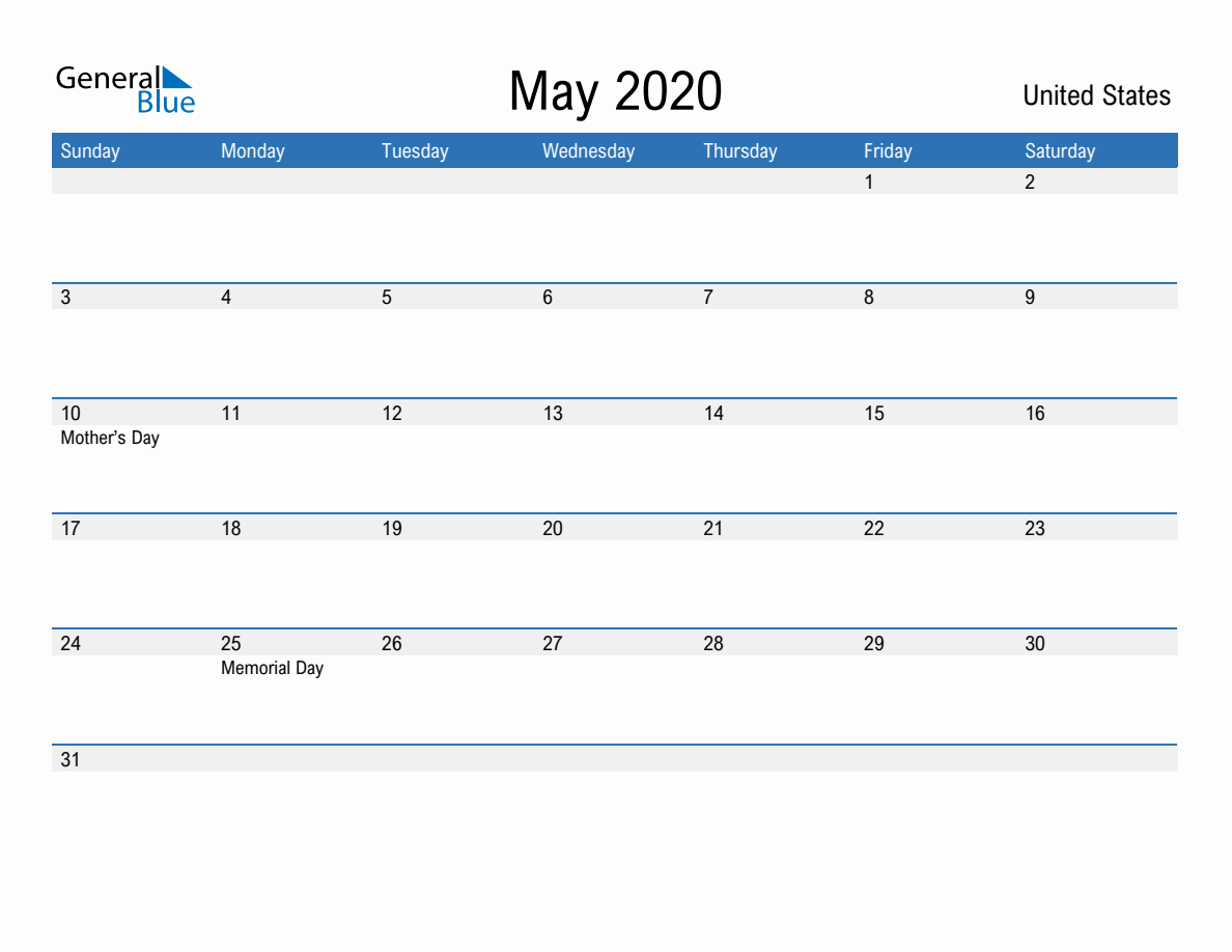 May 2020 Monthly Calendars with United States Holidays