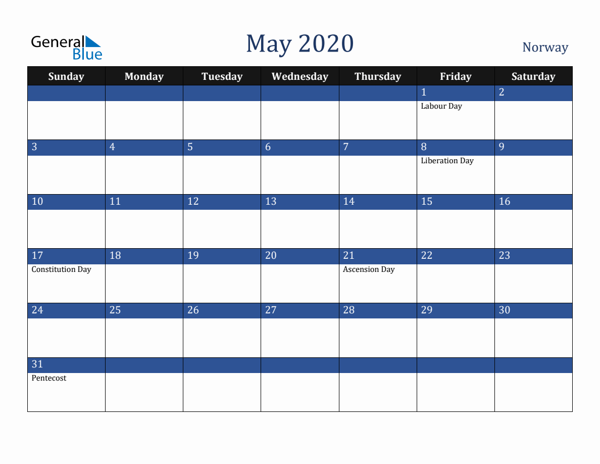 May 2020 Norway Holiday Calendar