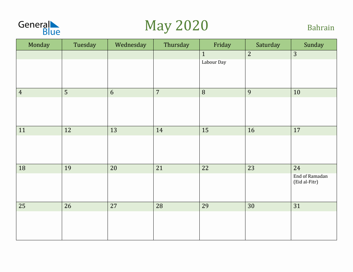 Fillable Holiday Calendar for Bahrain - May 2020