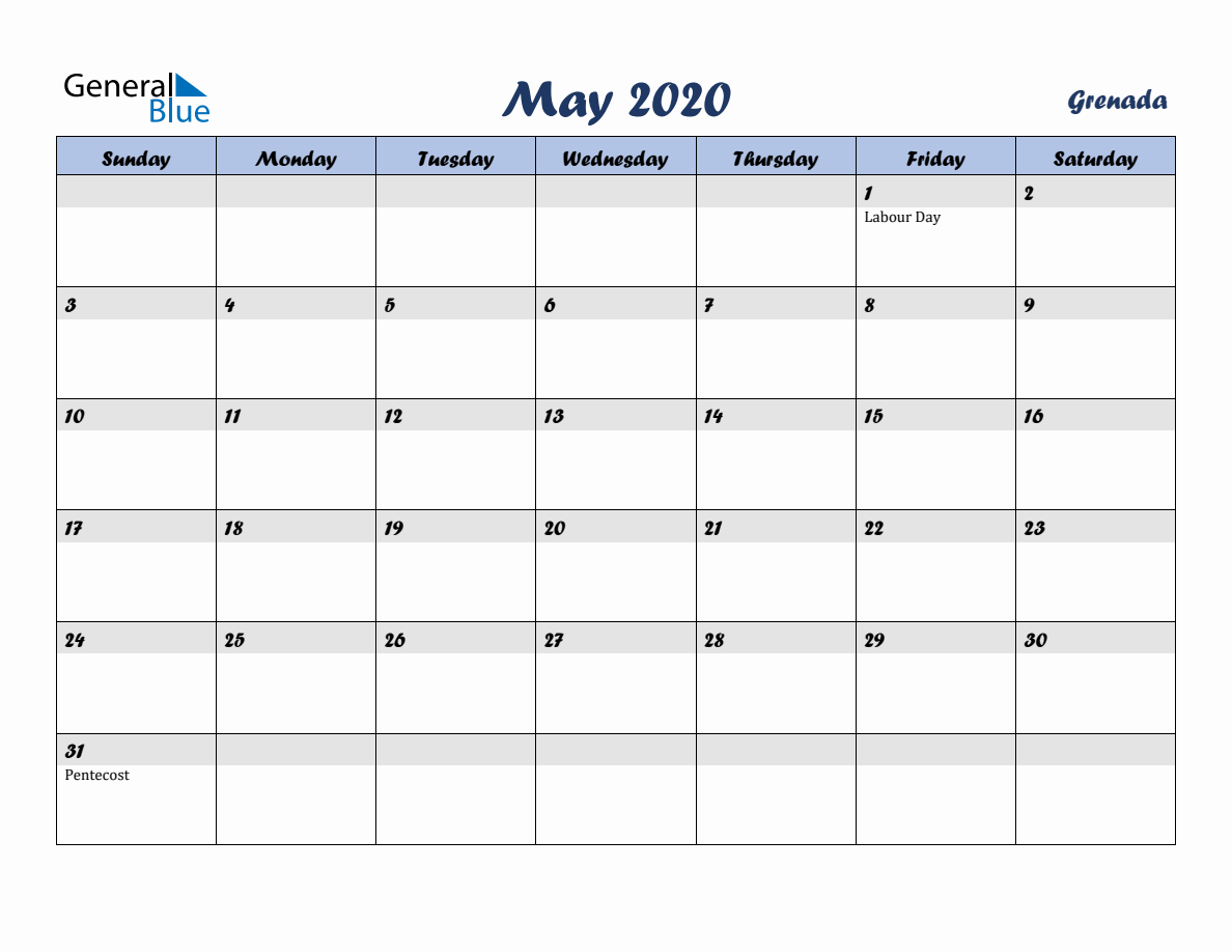 May 2020 Monthly Calendar Template with Holidays for Grenada