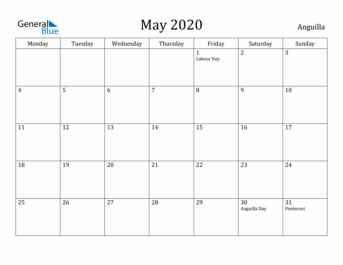 Anguilla Monthly Calendar - May 2020 (Monday Start)