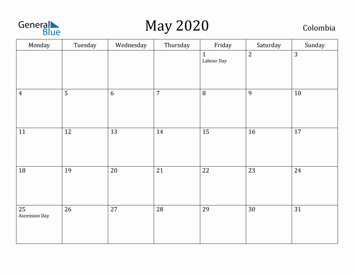 Colombia Monthly Calendar - May 2020 (Monday Start)