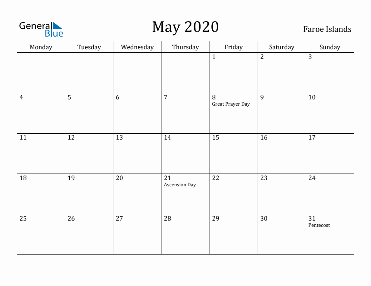 Faroe Islands Monthly Calendar - May 2020 (Monday Start)