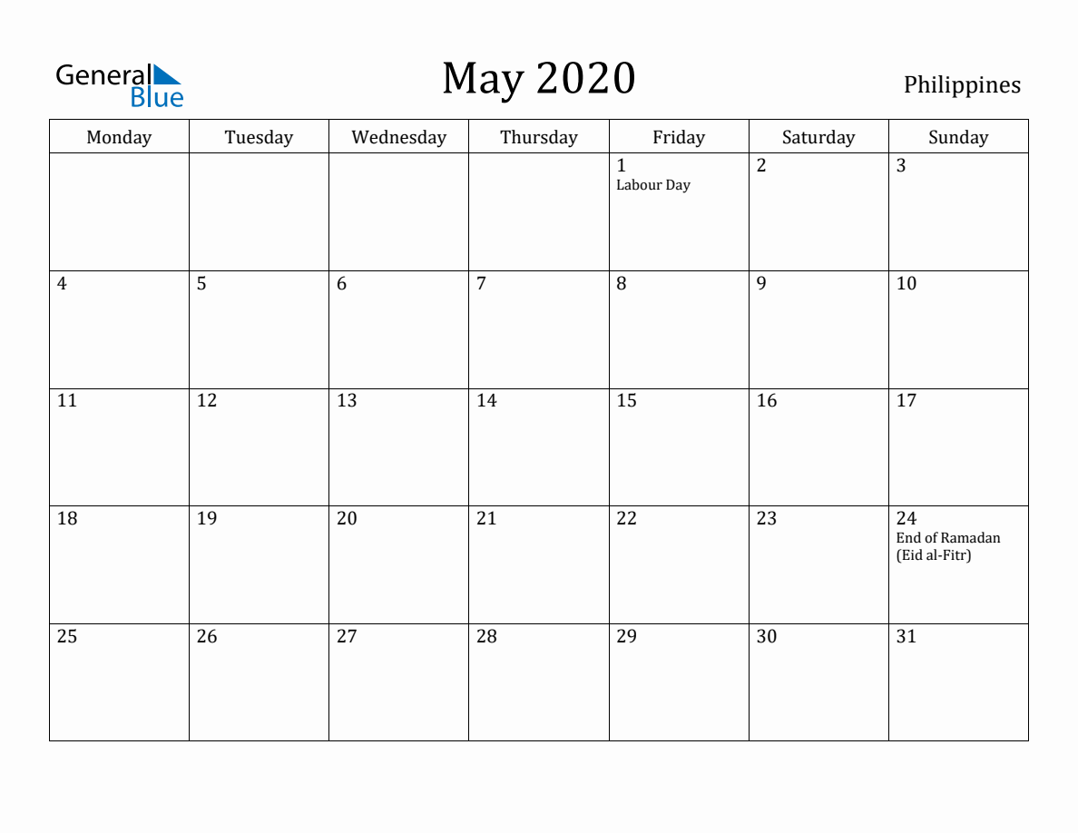 May 2020 - Philippines Monthly Calendar with Holidays