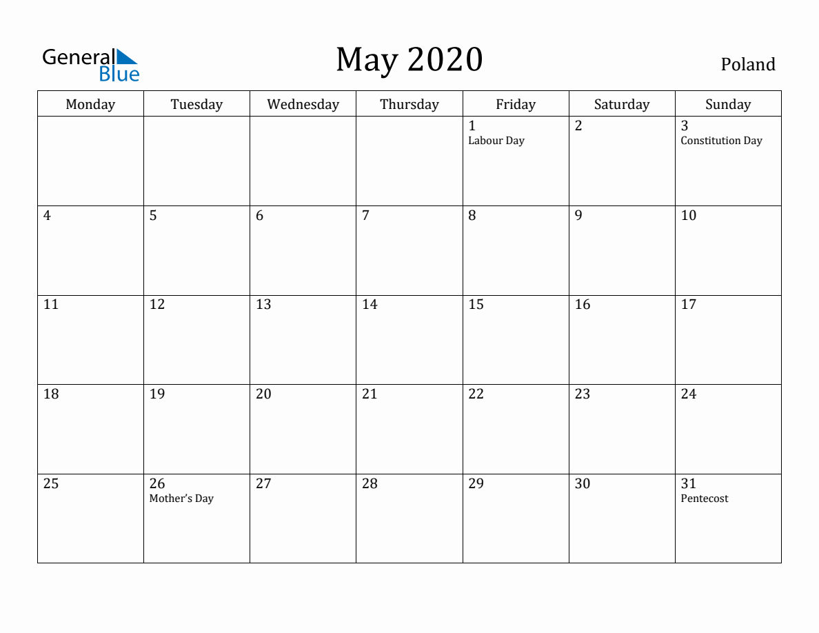 Poland Monthly Calendar - May 2020 (Monday Start)