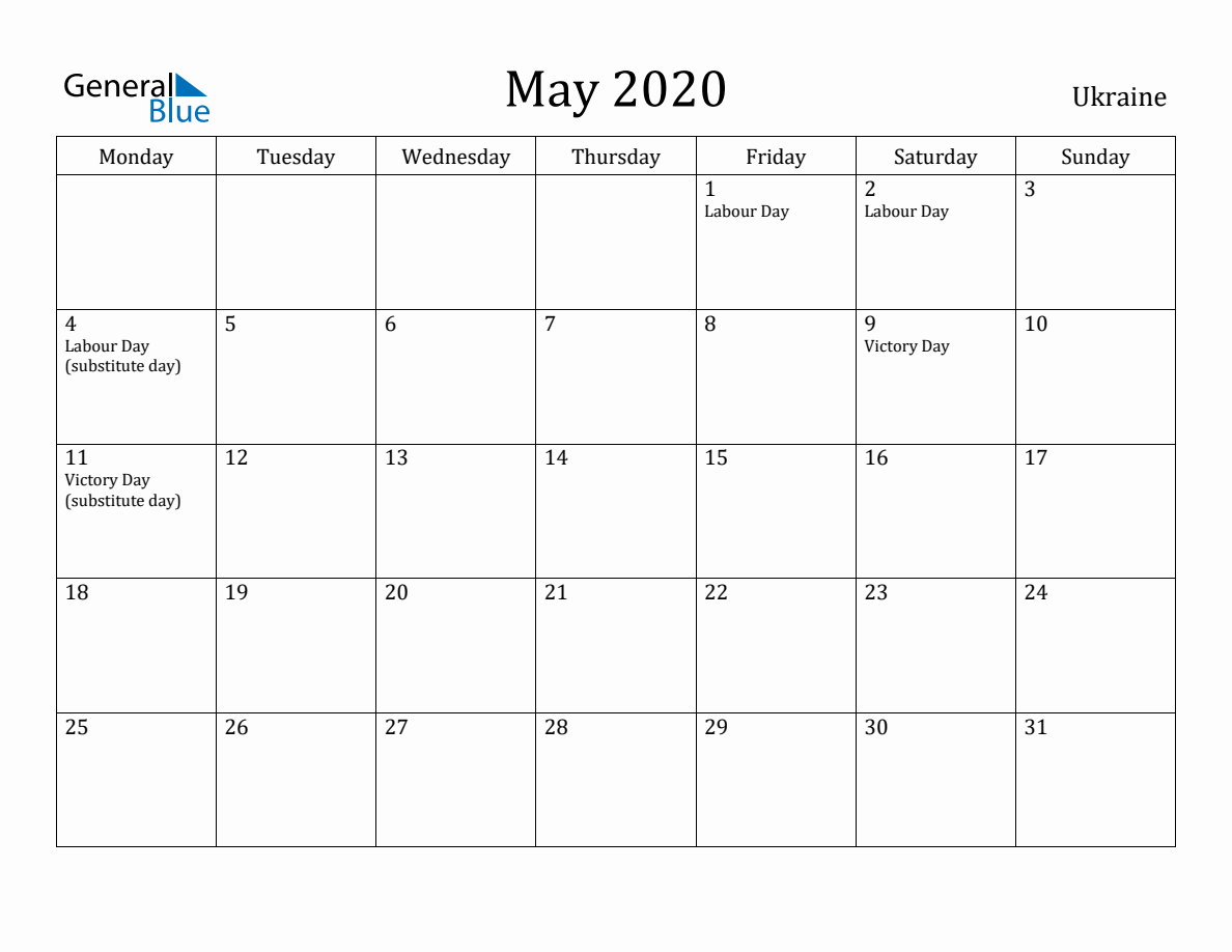 Ukraine Monthly Calendar - May 2020 (Monday Start)