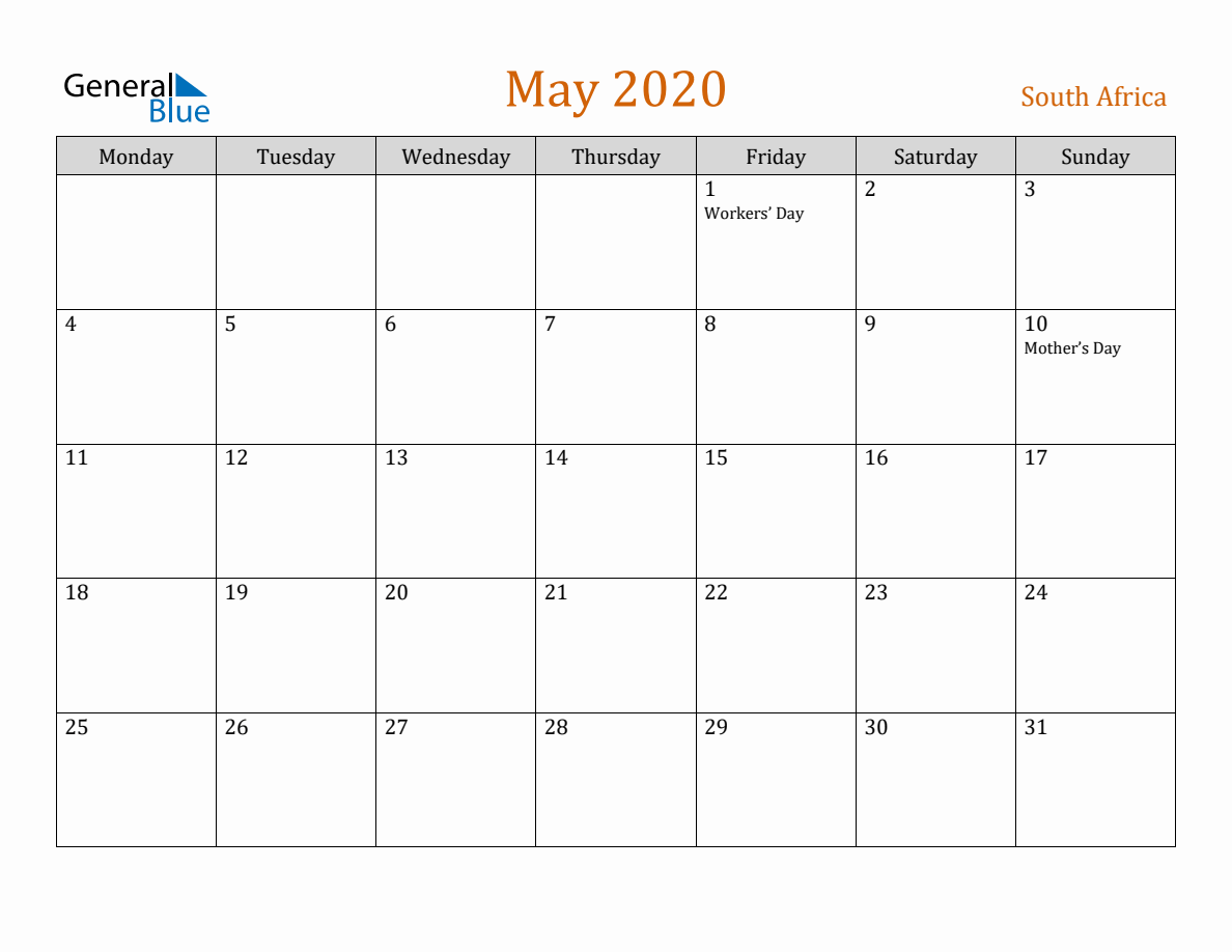 Free May 2020 South Africa Calendar