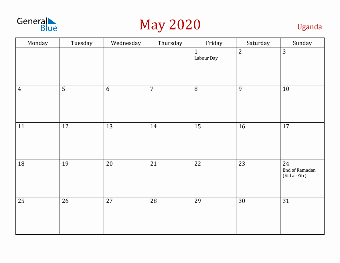 May 2020 Uganda Monthly Calendar with Holidays (Monday Start)