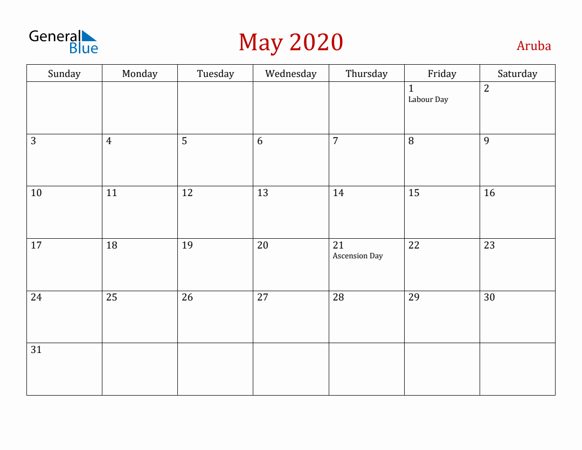 May 2020 Aruba Monthly Calendar with Holidays