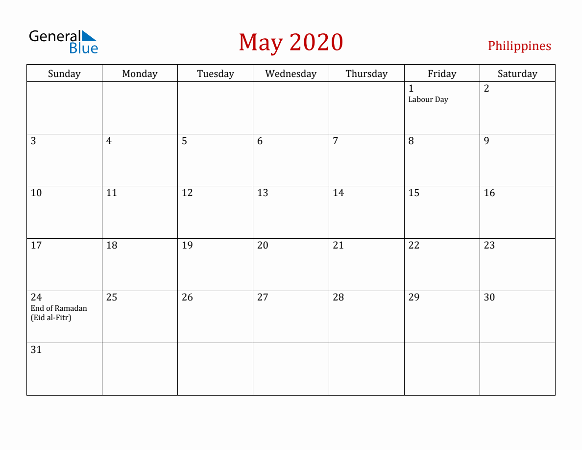 May 2020 Philippines Monthly Calendar with Holidays