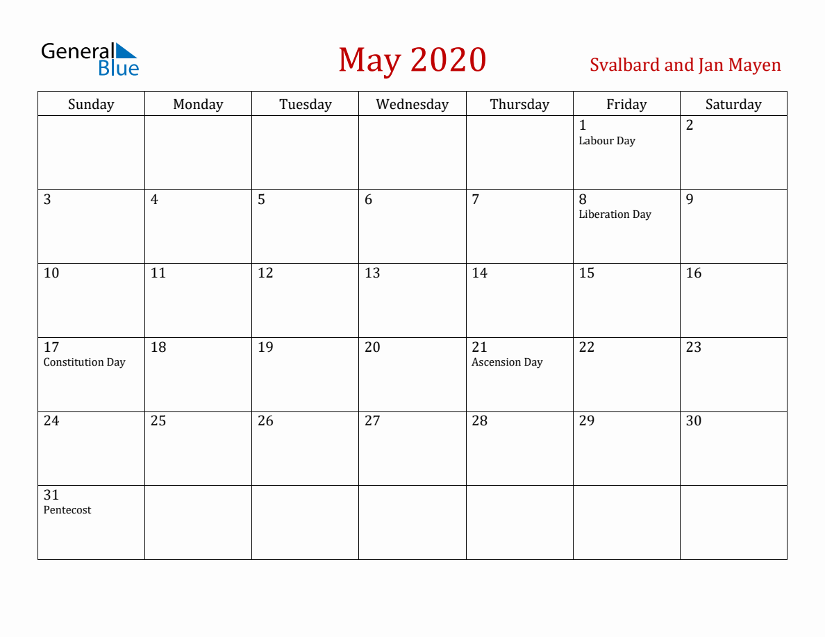 May 2020 Svalbard and Jan Mayen Monthly Calendar with Holidays