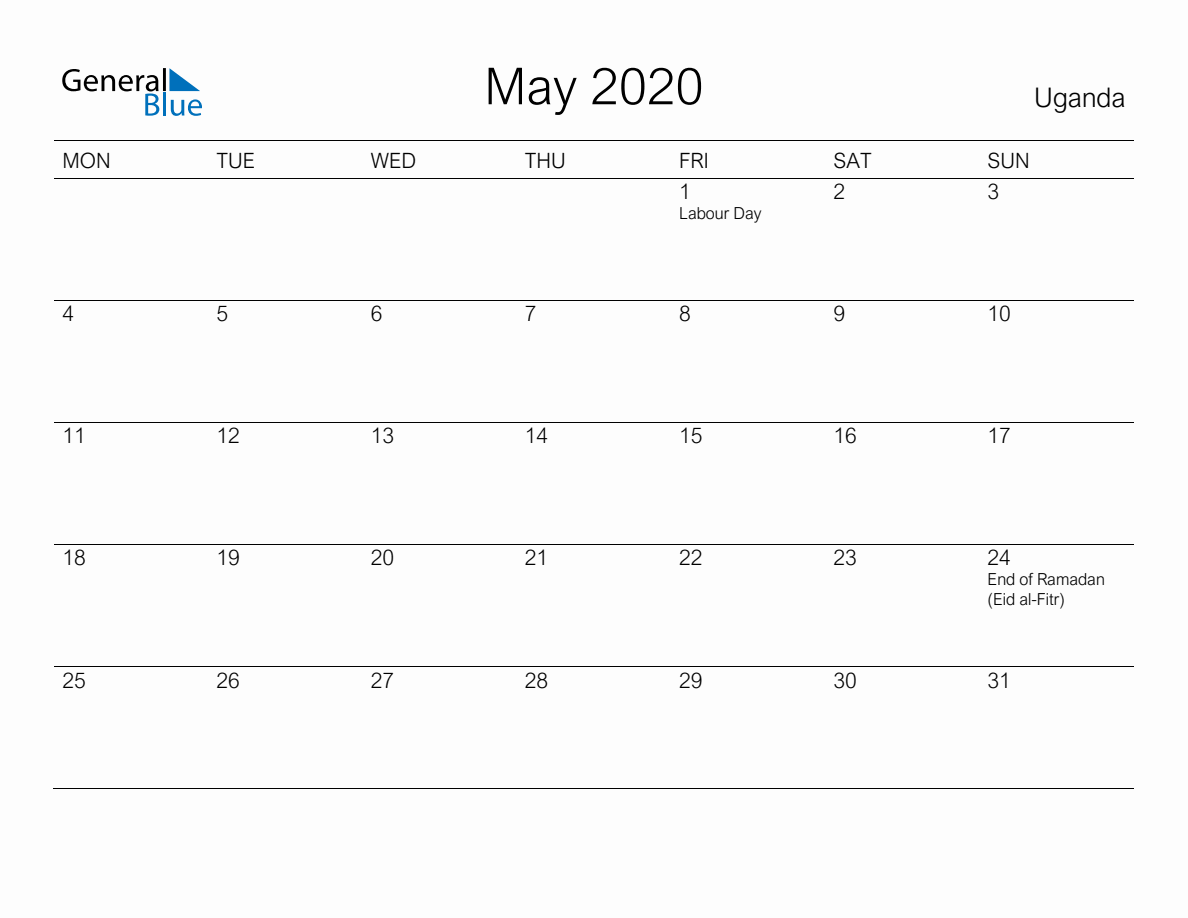 Printable May 2020 Monthly Calendar with Holidays for Uganda