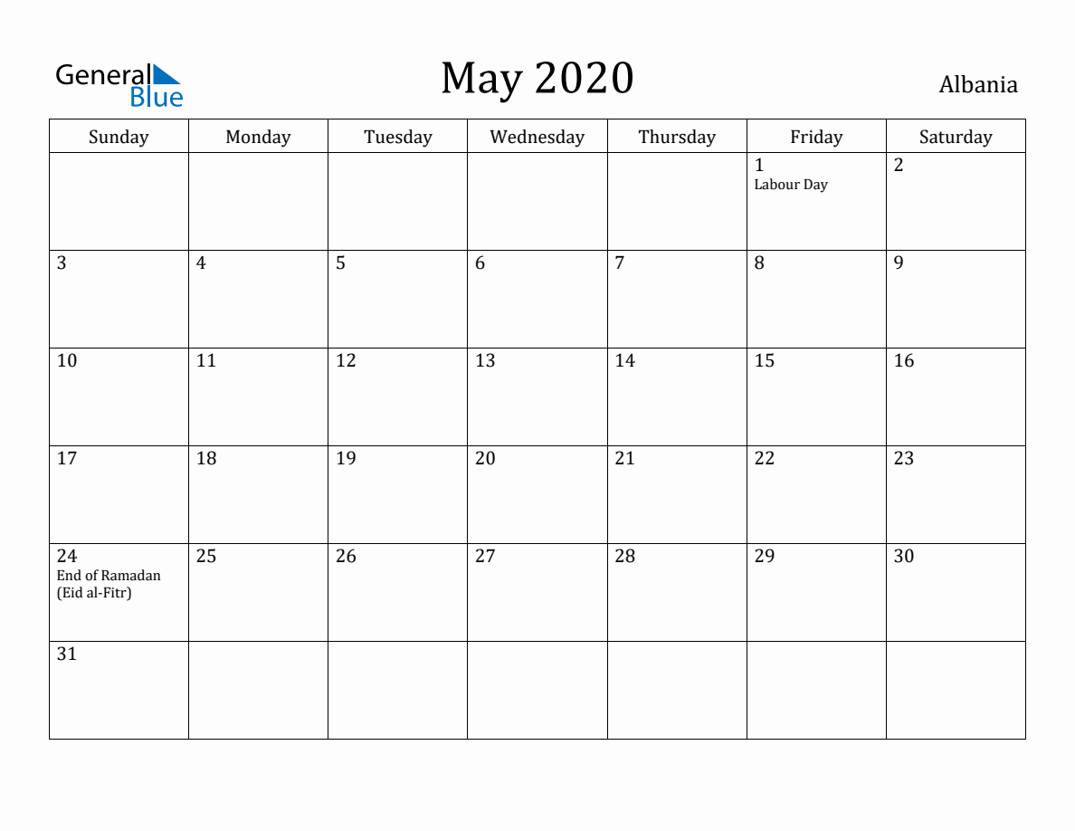 May 2020 Monthly Calendar with Albania Holidays