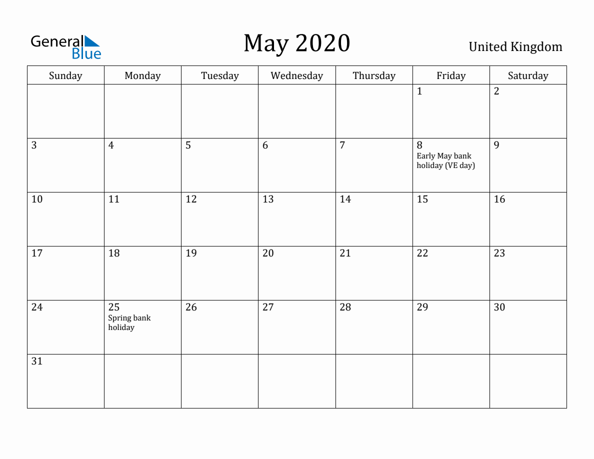 May 2020 Monthly Calendar with United Kingdom Holidays