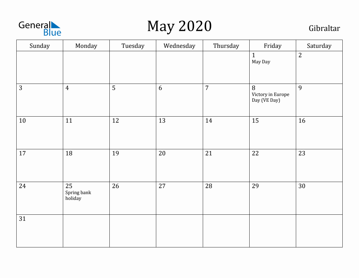 May 2020 Monthly Calendar with Gibraltar Holidays