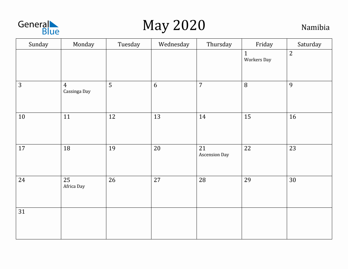 May 2020 Monthly Calendar with Namibia Holidays