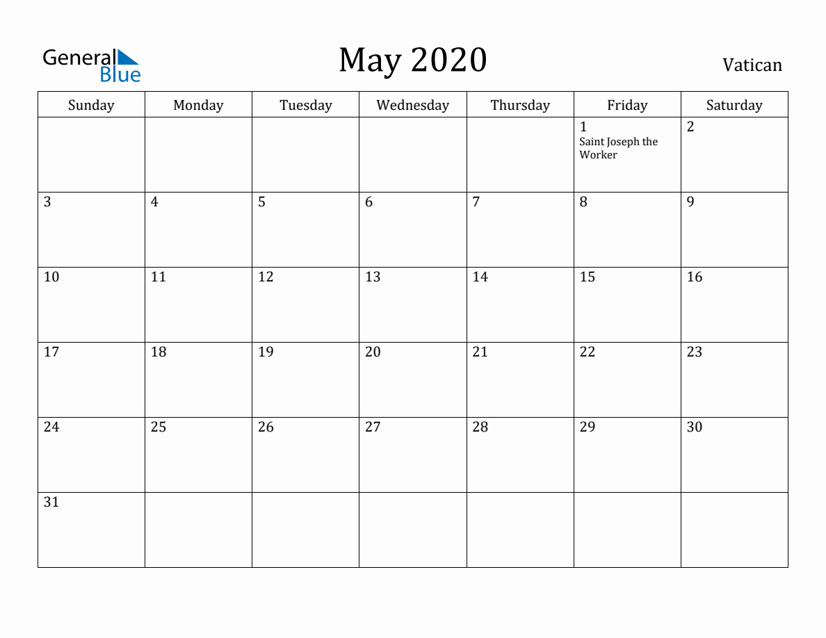 May 2020 Monthly Calendar with Vatican Holidays