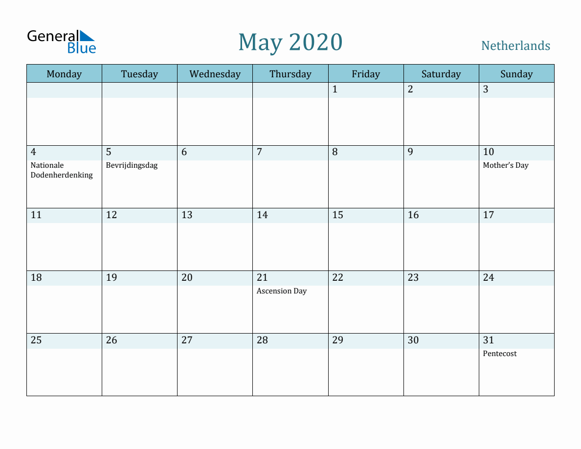 The Netherlands Holiday Calendar for May 2020