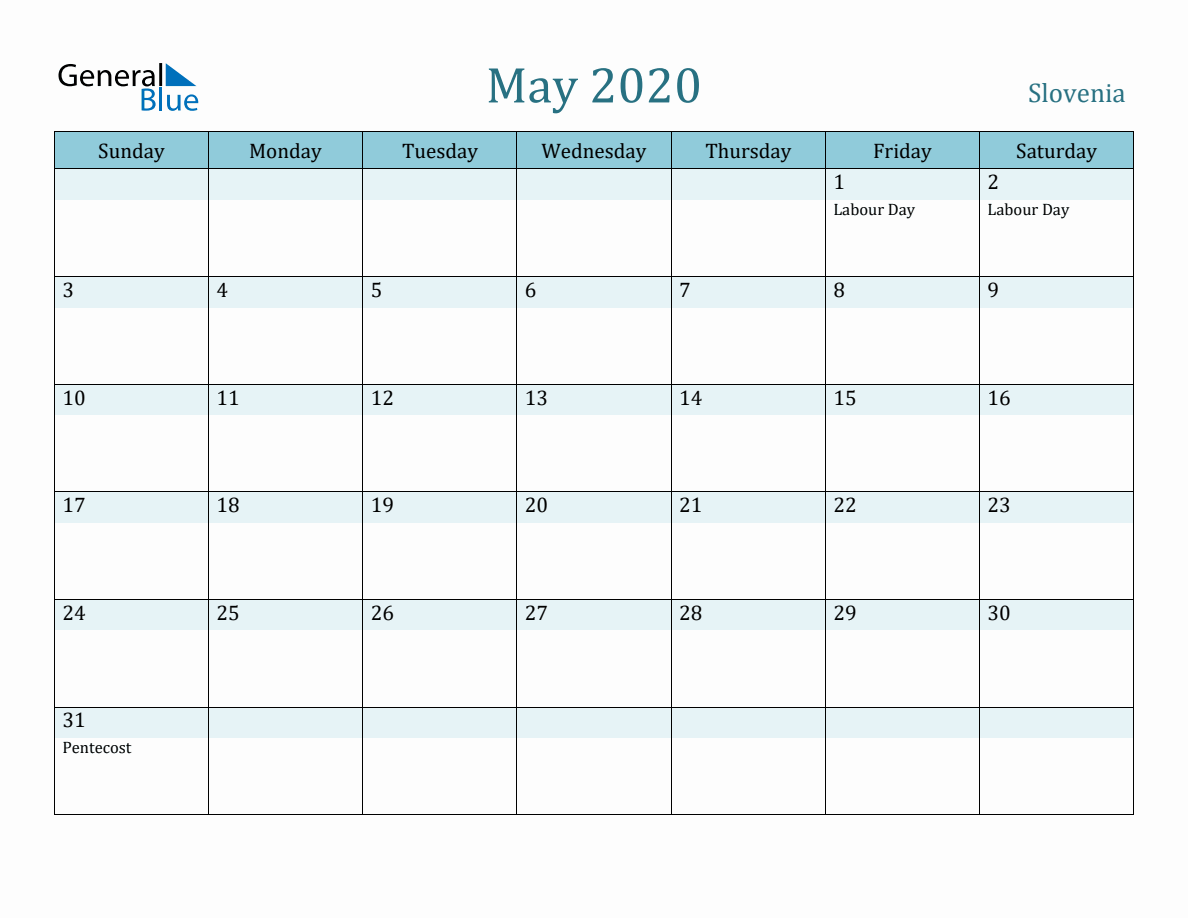 Slovenia Holiday Calendar for May 2020