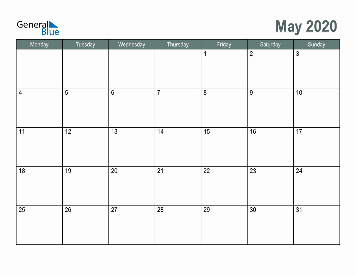 Blank May 2020 Monthly Calendar Template - Monday Start