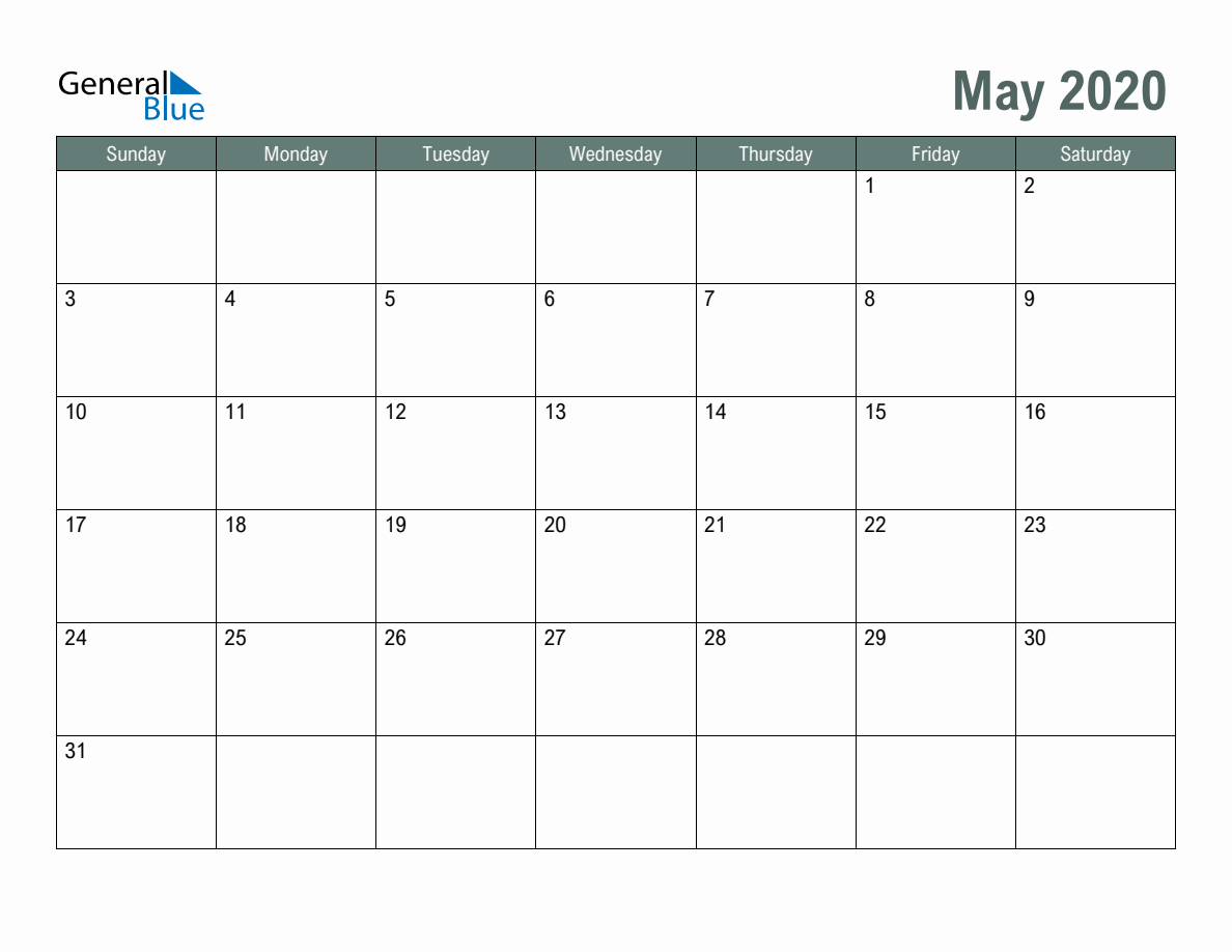 Blank May 2020 Monthly Calendar Template