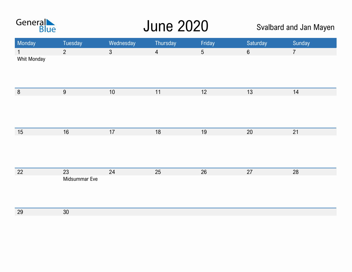 Editable June 2020 Calendar with Svalbard and Jan Mayen Holidays ...