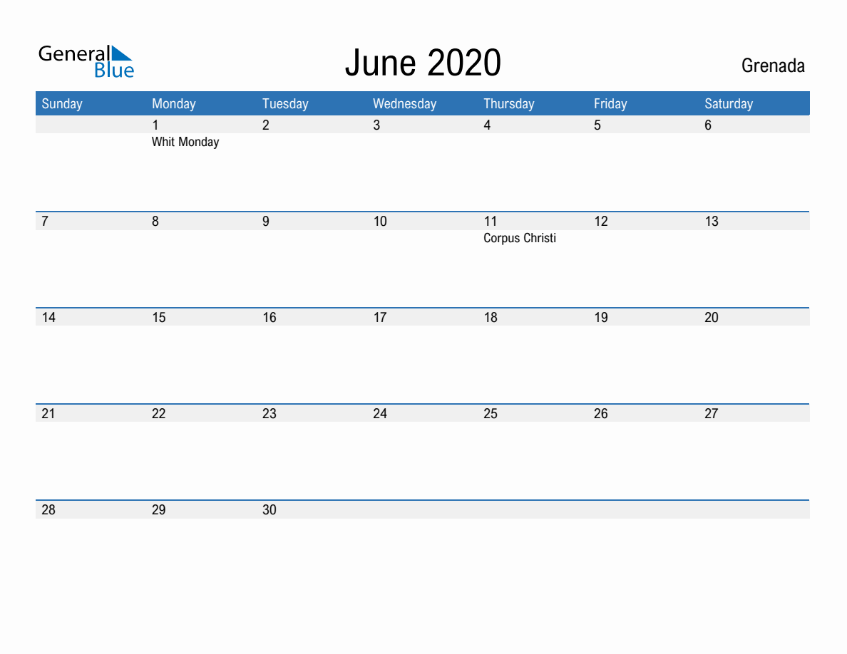 June 2020 Monthly Calendars with Grenada Holidays