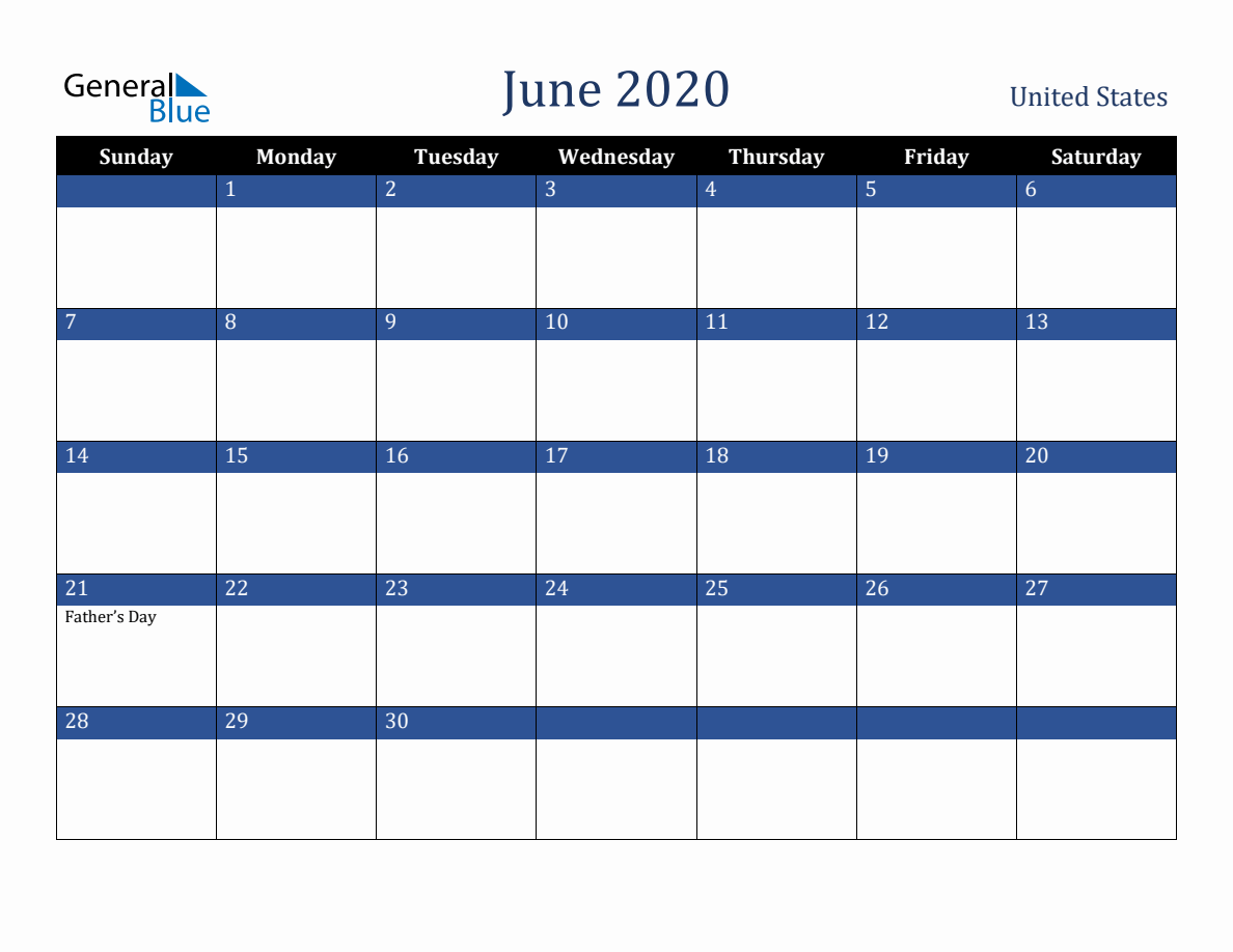 June 2020 United States Holiday Calendar