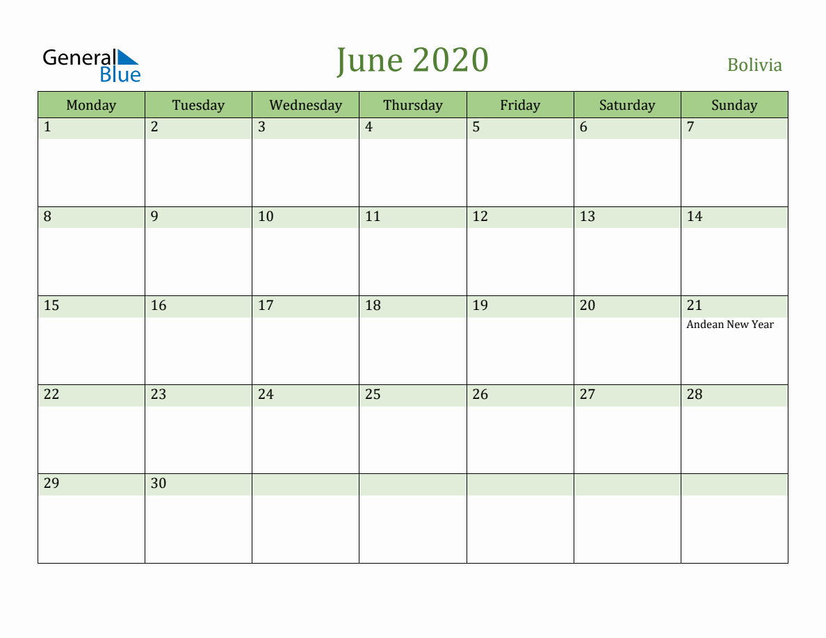 Fillable Holiday Calendar for Bolivia - June 2020 (Monday Start)