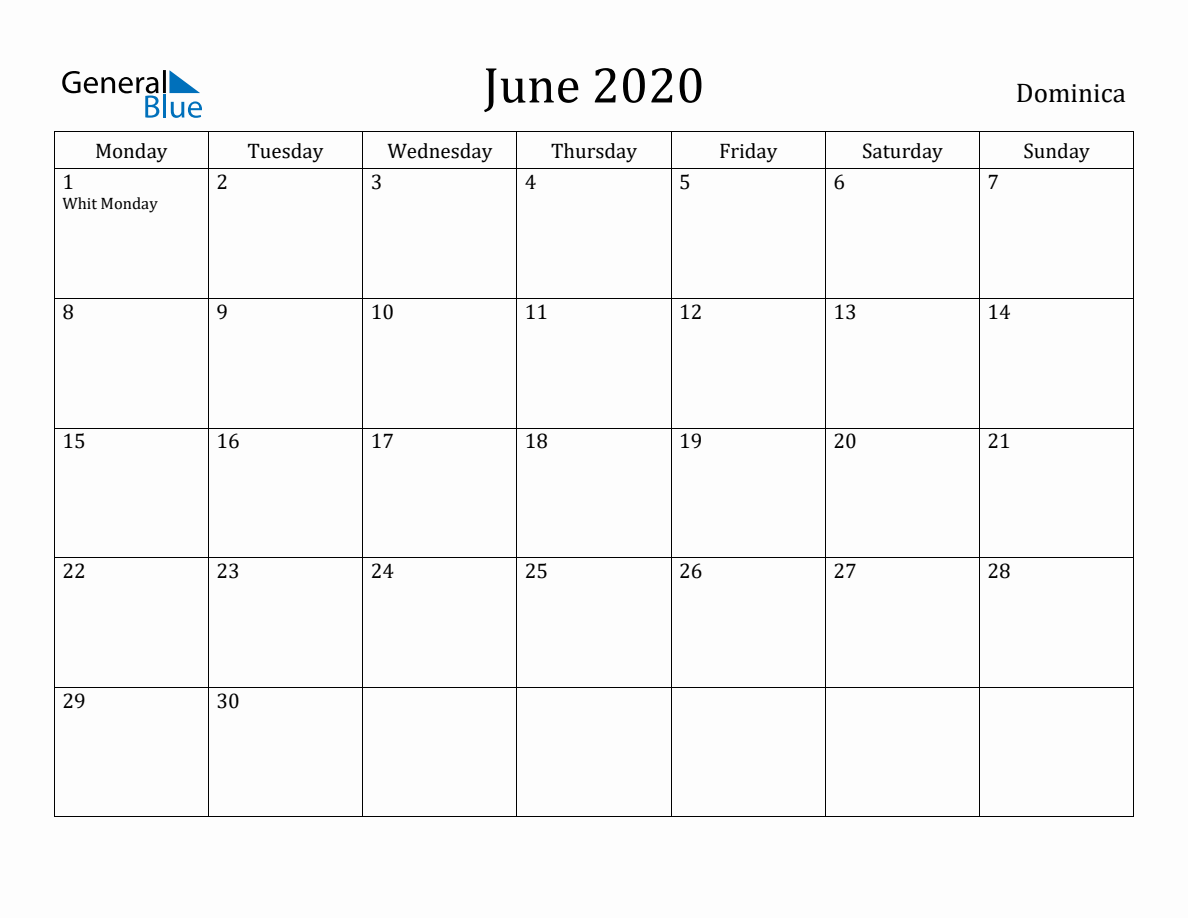 Dominica Monthly Calendar - June 2020 (Monday Start)