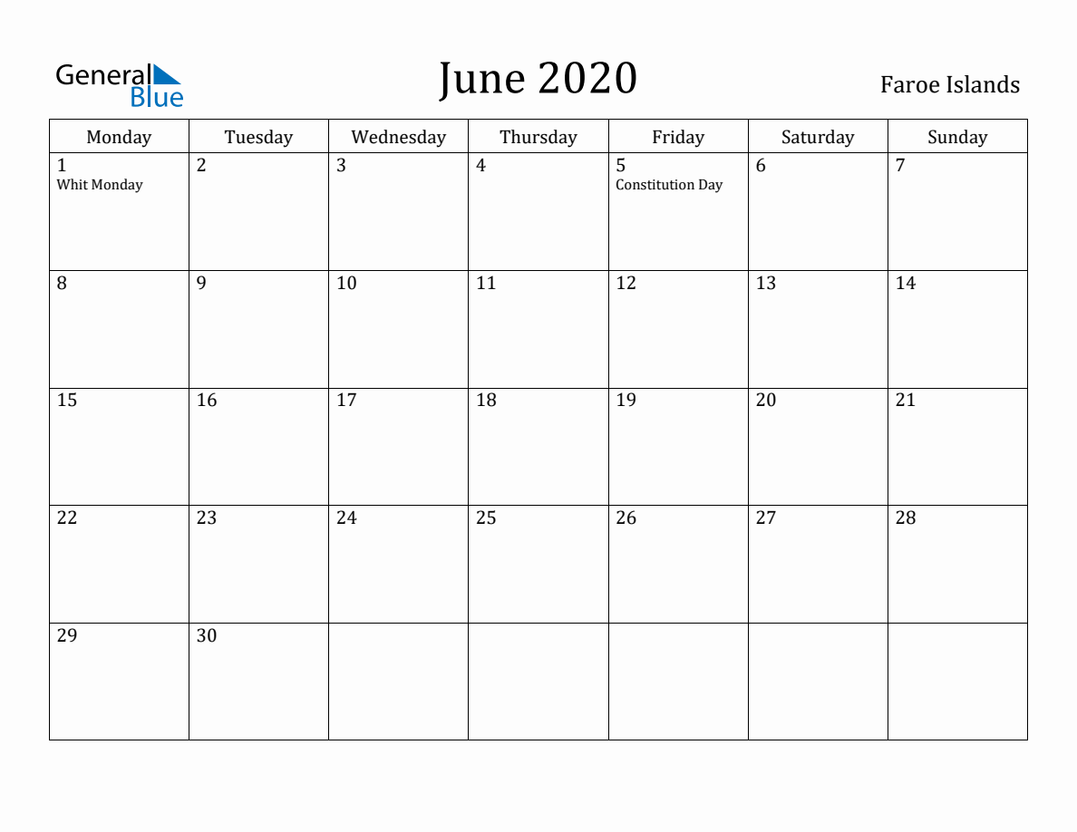 June 2020 - Faroe Islands Monthly Calendar with Holidays