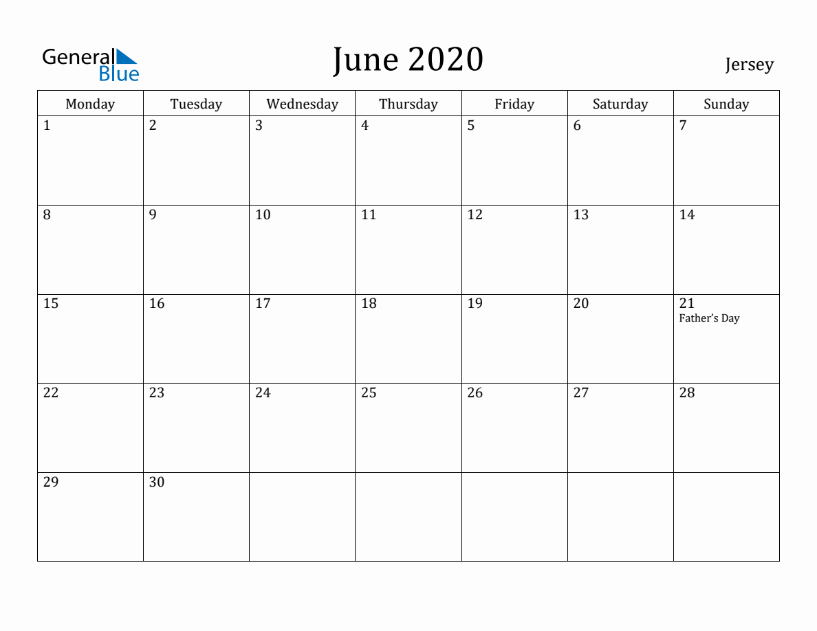 Jersey Monthly Calendar - June 2020 (Monday Start)