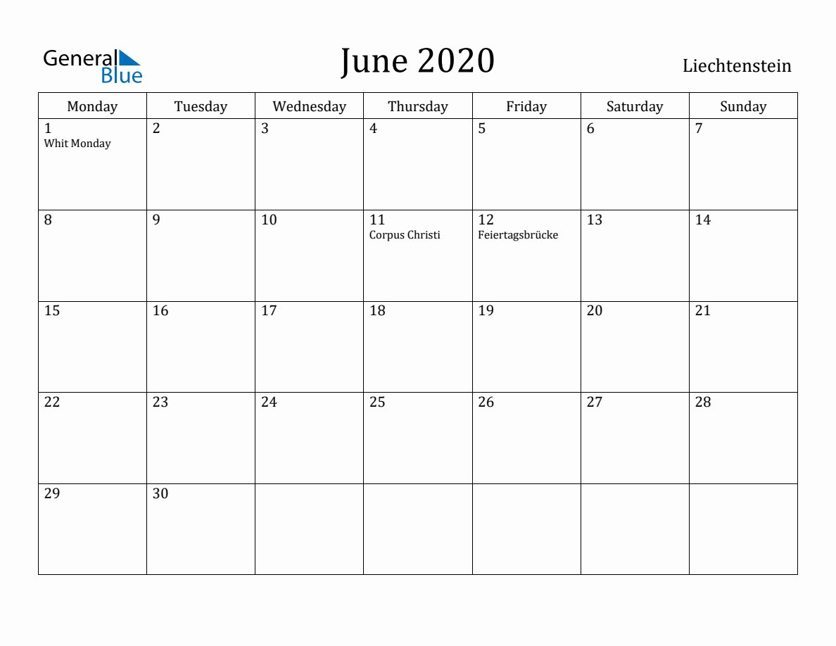 Liechtenstein Monthly Calendar - June 2020 (Monday Start)