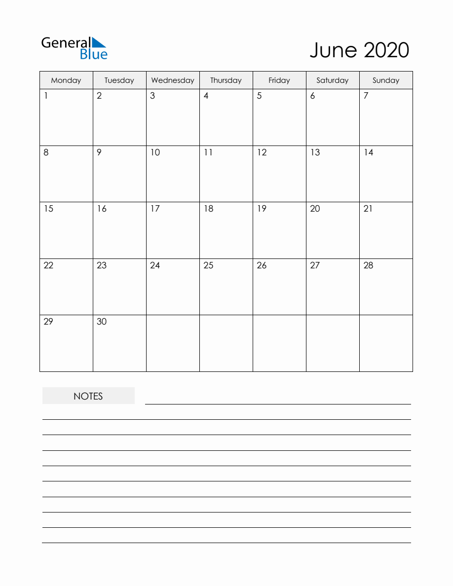 June 2020 Monthly Planner Calendar - Monday Start