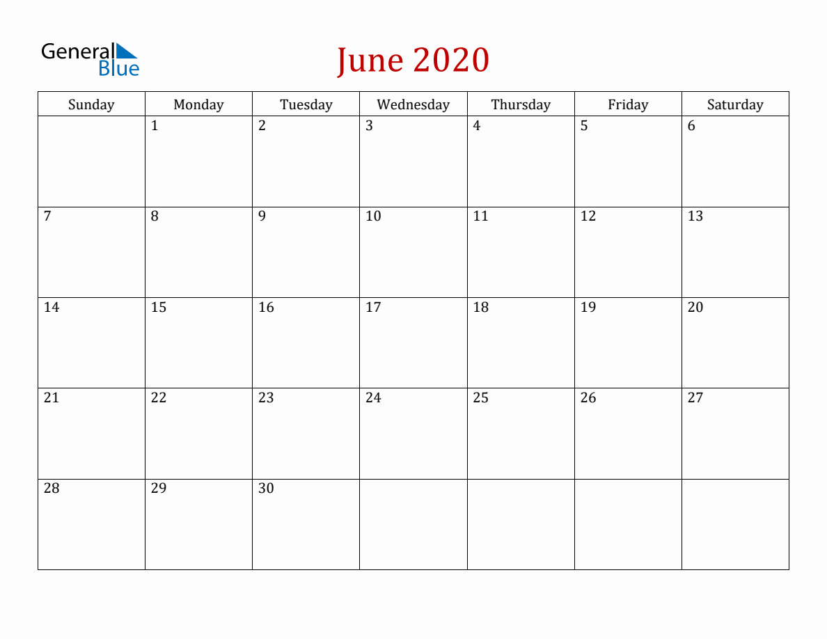 June 2020 Simple Calendar with Sunday Start