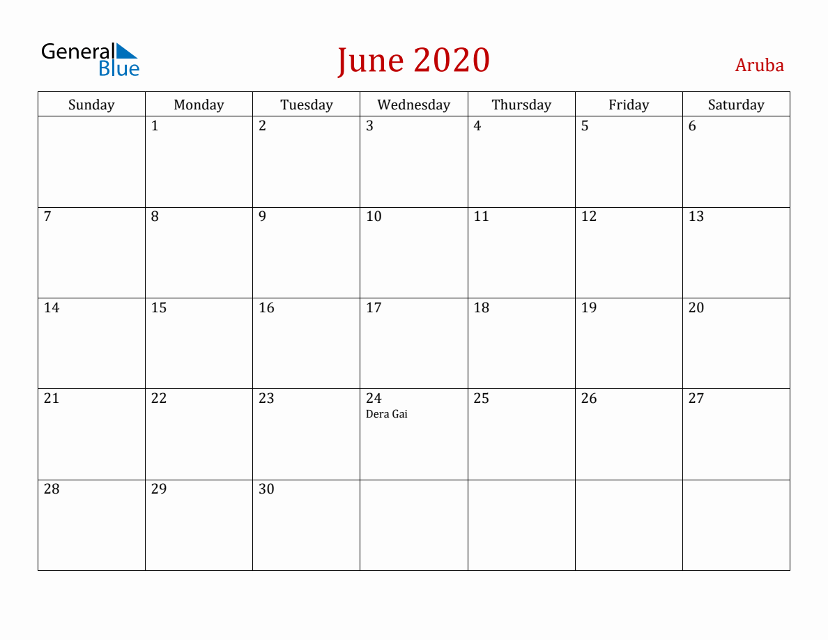 June 2020 Aruba Monthly Calendar with Holidays