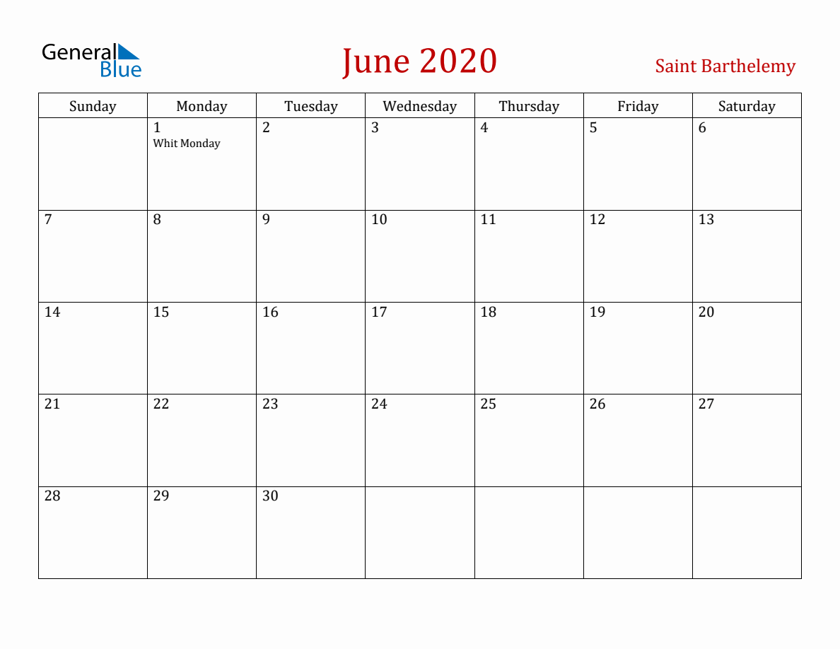 June 2020 Saint Barthelemy Monthly Calendar with Holidays