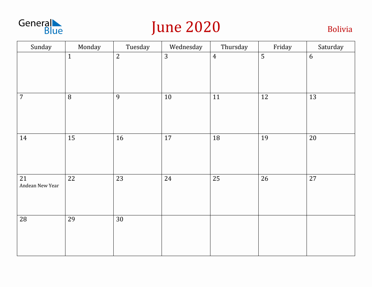 June 2020 Bolivia Monthly Calendar with Holidays