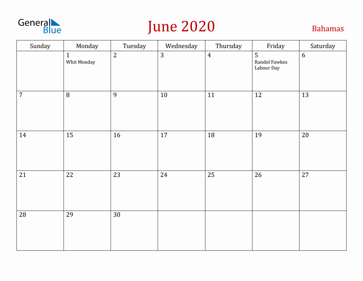 June 2020 Bahamas Monthly Calendar with Holidays