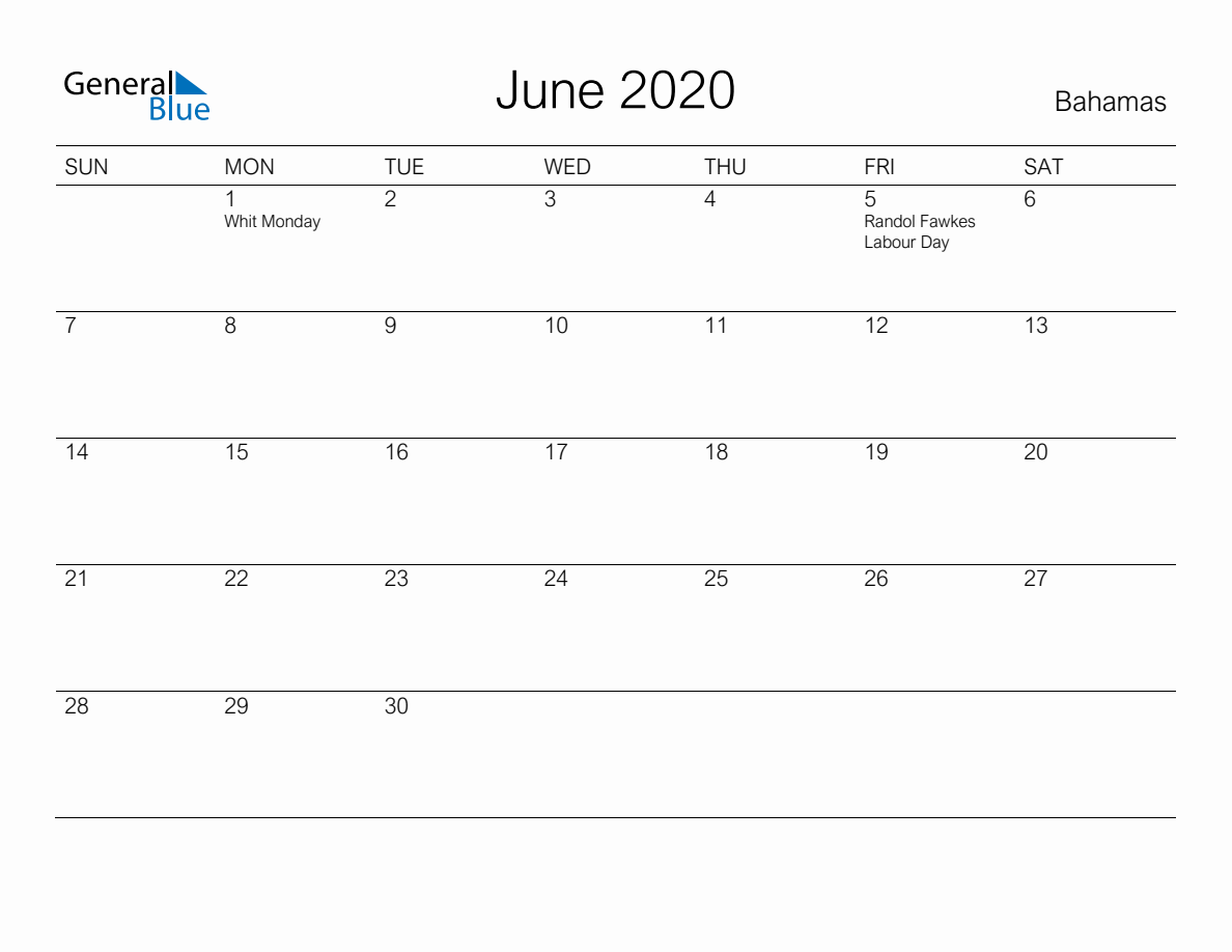 Printable June 2020 Monthly Calendar with Holidays for Bahamas