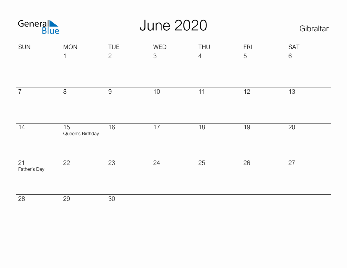 Printable June 2020 Monthly Calendar with Holidays for Gibraltar