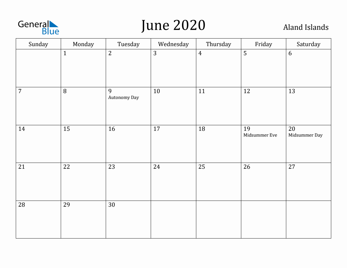 June 2020 Monthly Calendar with Aland Islands Holidays