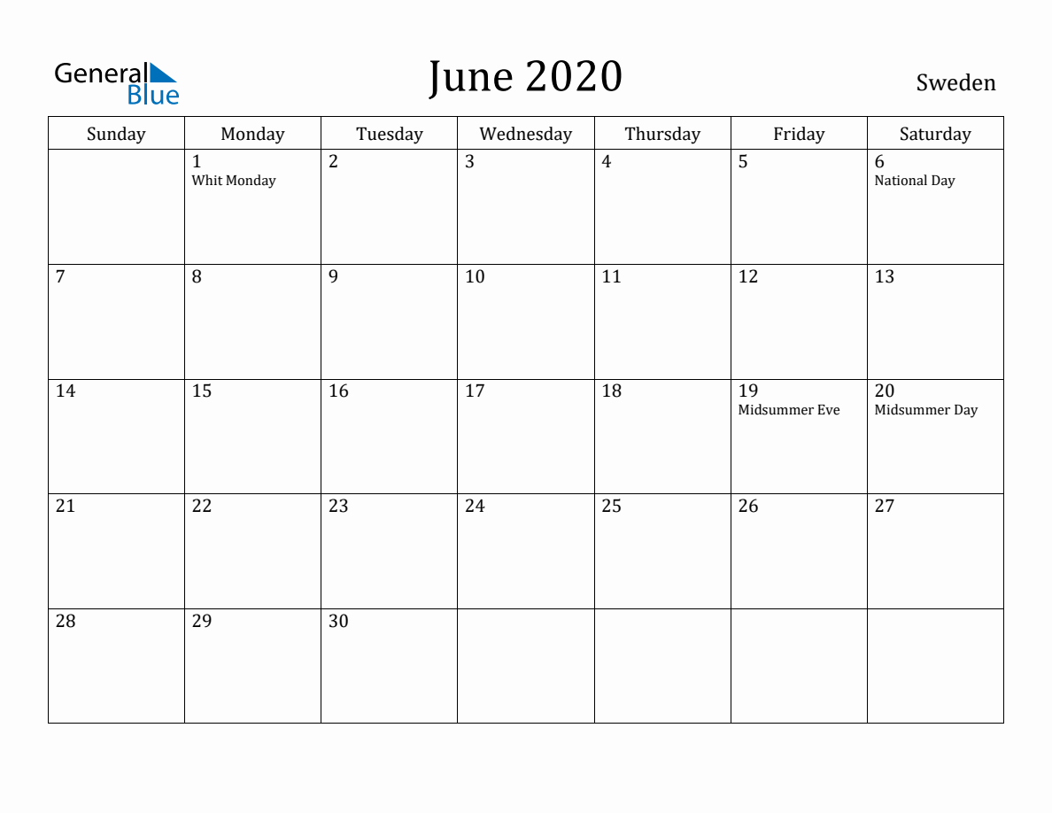 June 2020 Monthly Calendar with Sweden Holidays
