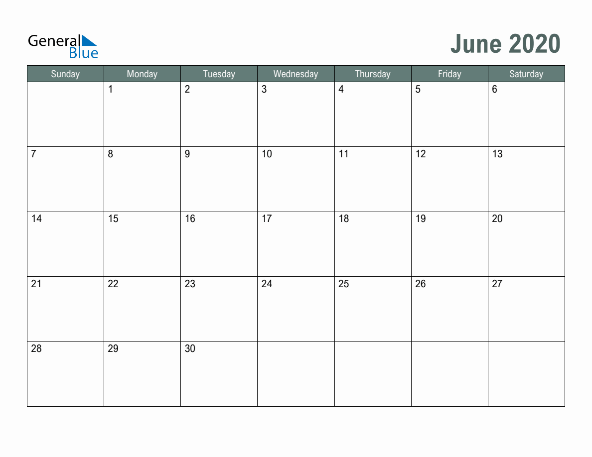 Blank June 2020 Monthly Calendar Template
