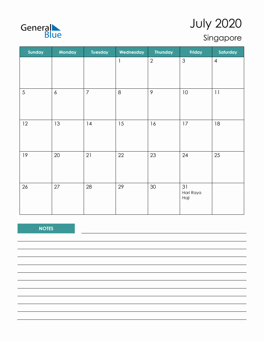 Monthly Planner with Singapore Holidays - July 2020