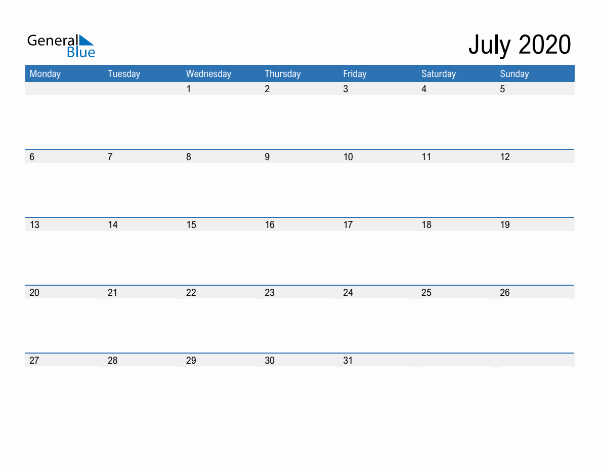 Editable Calendar Template for July 2020 - Monday Start