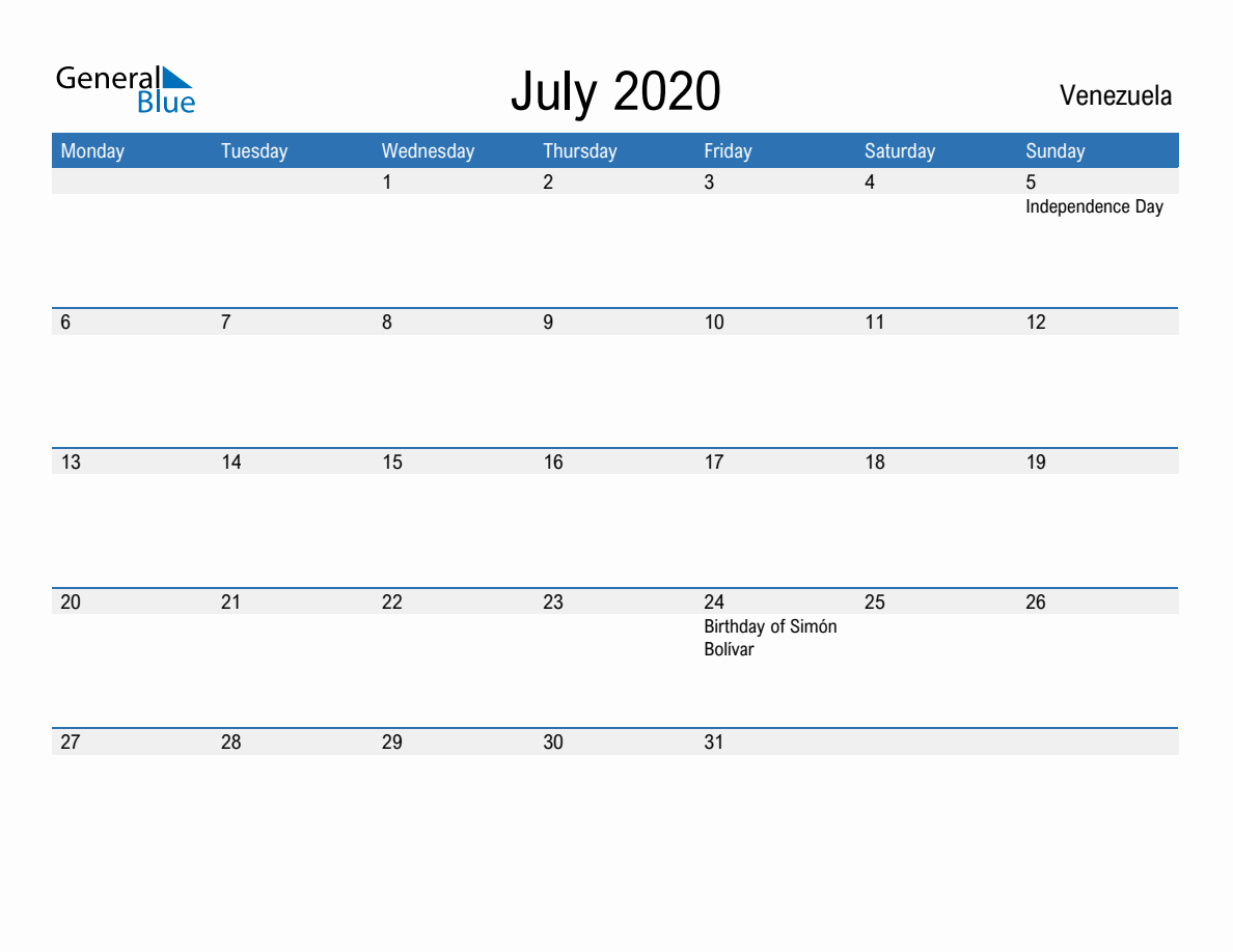 Editable July 2020 Calendar with Venezuela Holidays (Monday Start)