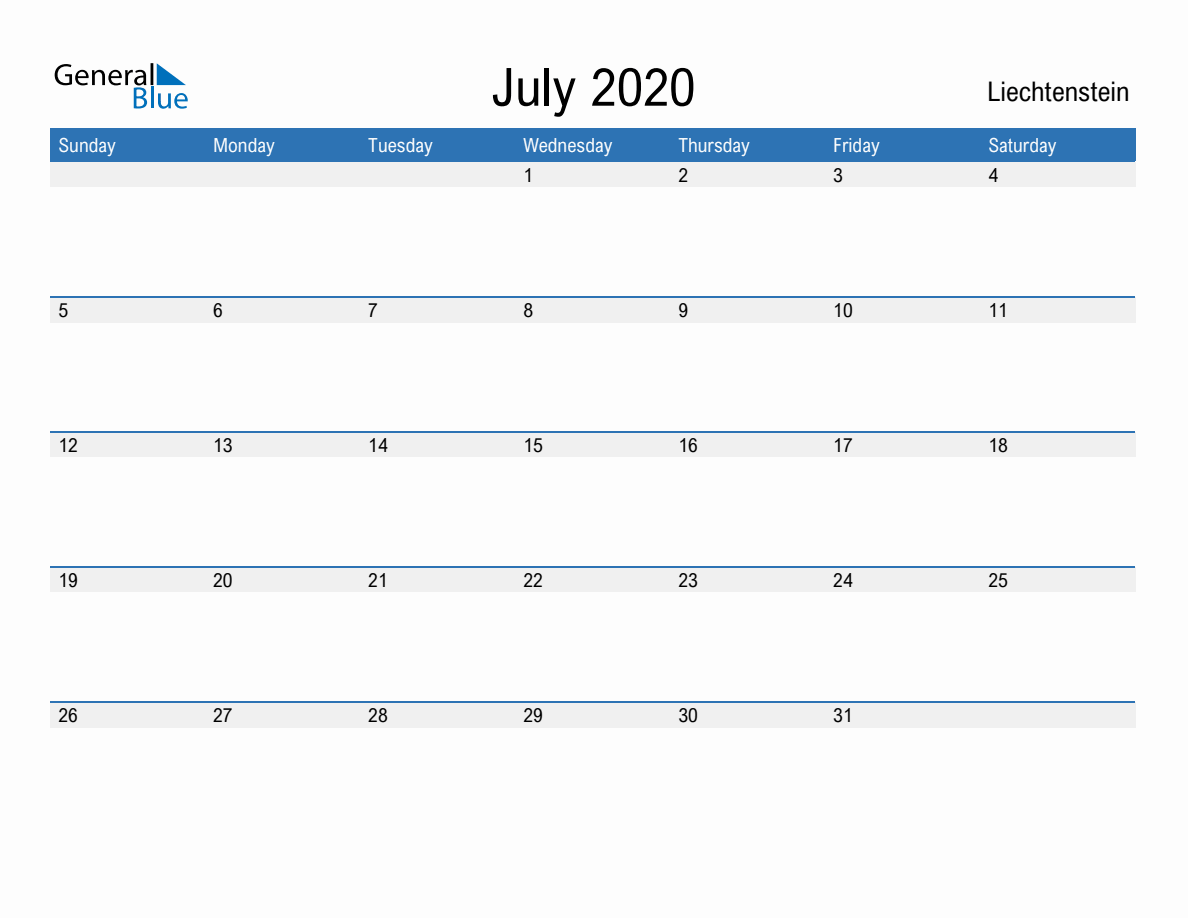 Editable July 2020 Calendar with Liechtenstein Holidays